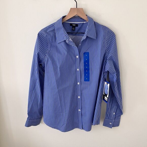 Chaps | Tops | Nwt Chaps Women Top Button Up Blouse Blue Striped Collar ...